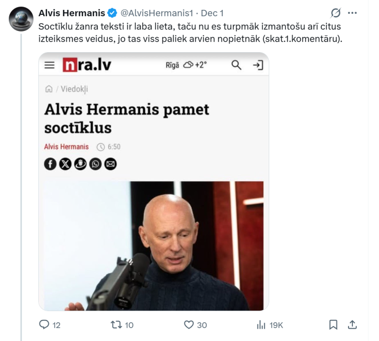 Dažas stundas pēc paziņojuma, ka pamet sociālos tīklus, Alvis Hermanis ...